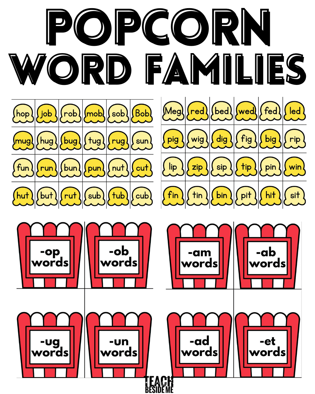 Popcorn Word Families Game for Early Readers - Teach Beside Me